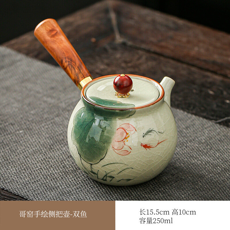 Чайник Ge Kiln с ручной росписью, ритм лотоса, деревянная ручка, боковая ручка, чайник для кунг-фу, домашний легкий роскошный ретро, может быть поднят, открытая часть глазури, антиожоговый чайник