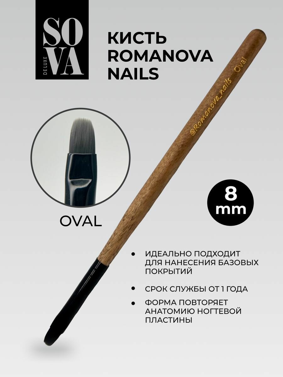Romanova Nails Кисть профессиональная для геля овальная, 8мм