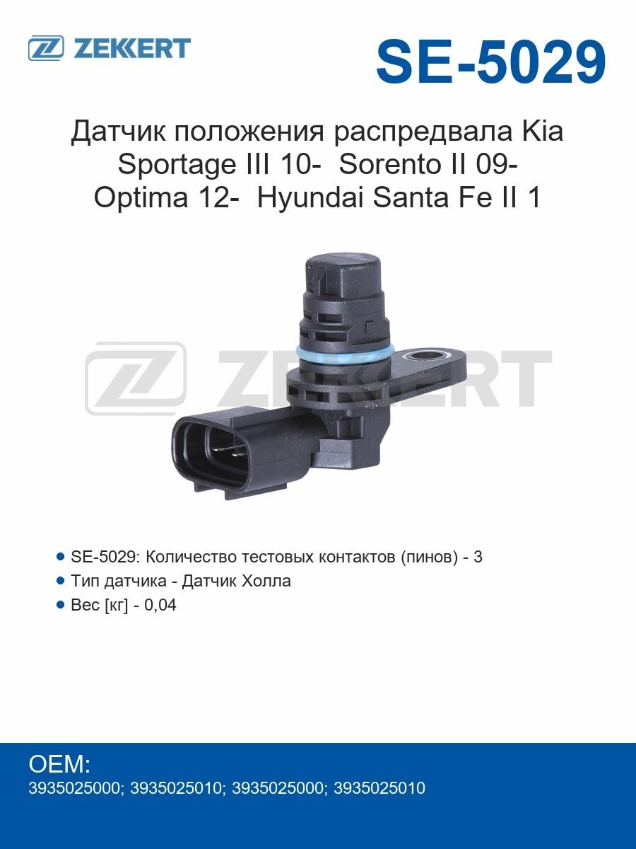 Zekkert Датчик положения распредвала Kia Sportage III 10- Sorento II 09- Optima 12- Hyundai Santa Fe II 1