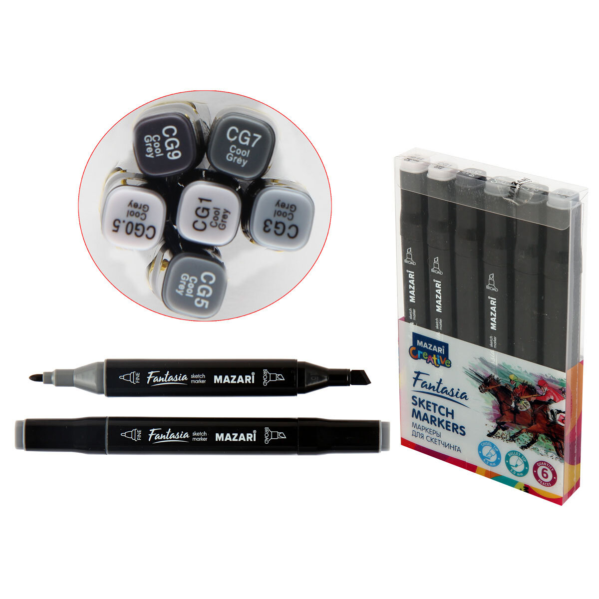 Набор маркеров для скетчинга двусторонние, 6 цв, Cool grey (холодные серые цвета), FANTASIA
