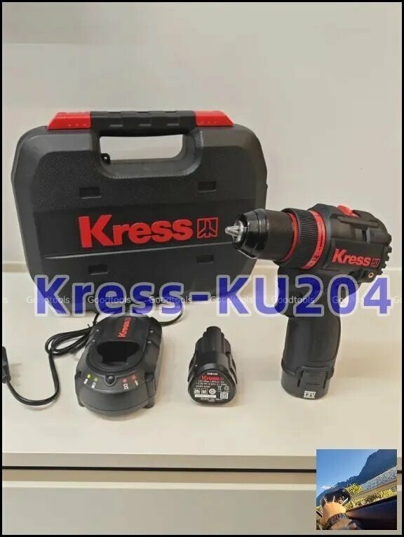 Эксклюзивный шуруповерт Kress KU204 12 В с литийионным аккумулятором, комплектуется двумя батареями 2 Ач и зарядным устройством, обеспечивая высокий крутящий момент до 50 Нм