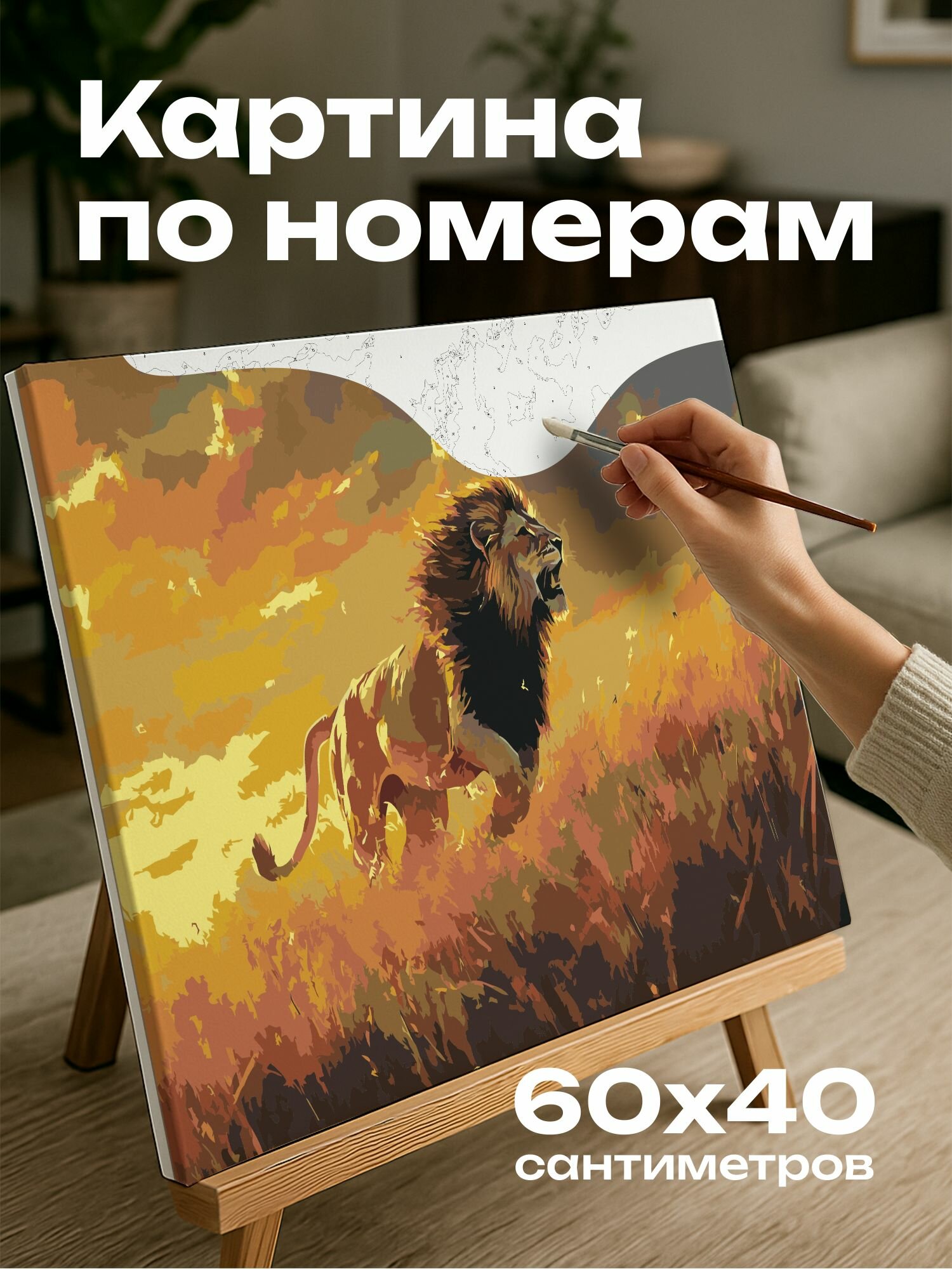 Картина по номерам 60x40 см, льв, масло, саванна, закат, грива, детали, осанка, трава, красота, природа, телосложение