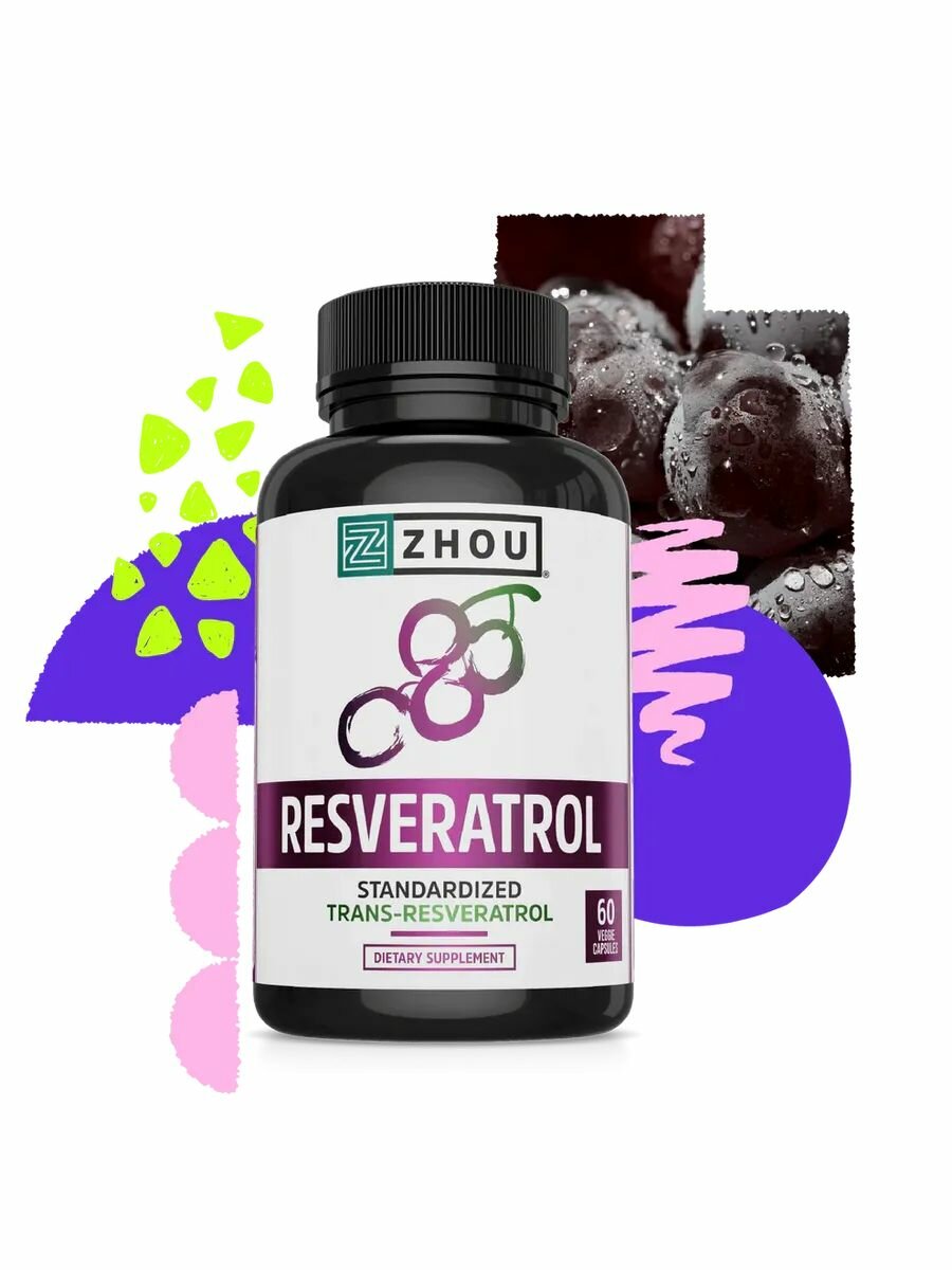 Ресвератрол Zhou Nutrition, 1000мг, 60капсул, поддержка иммунитета, защита сердца