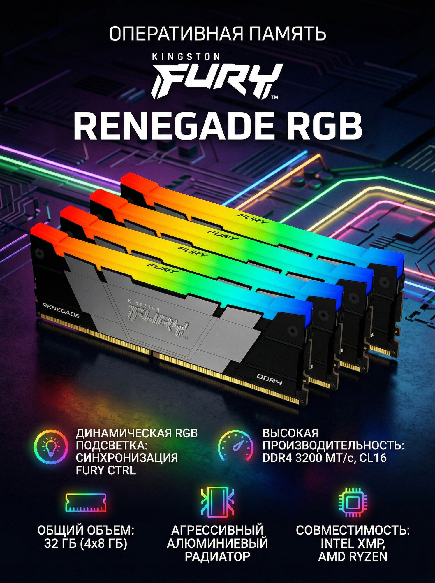 Оперативная память Kingston 32 ГБ DDR4, 3200 MT/s, CL16, DIMM, Kit of 4, FURY Renegade RGB, KF432C16RB2AK4/32