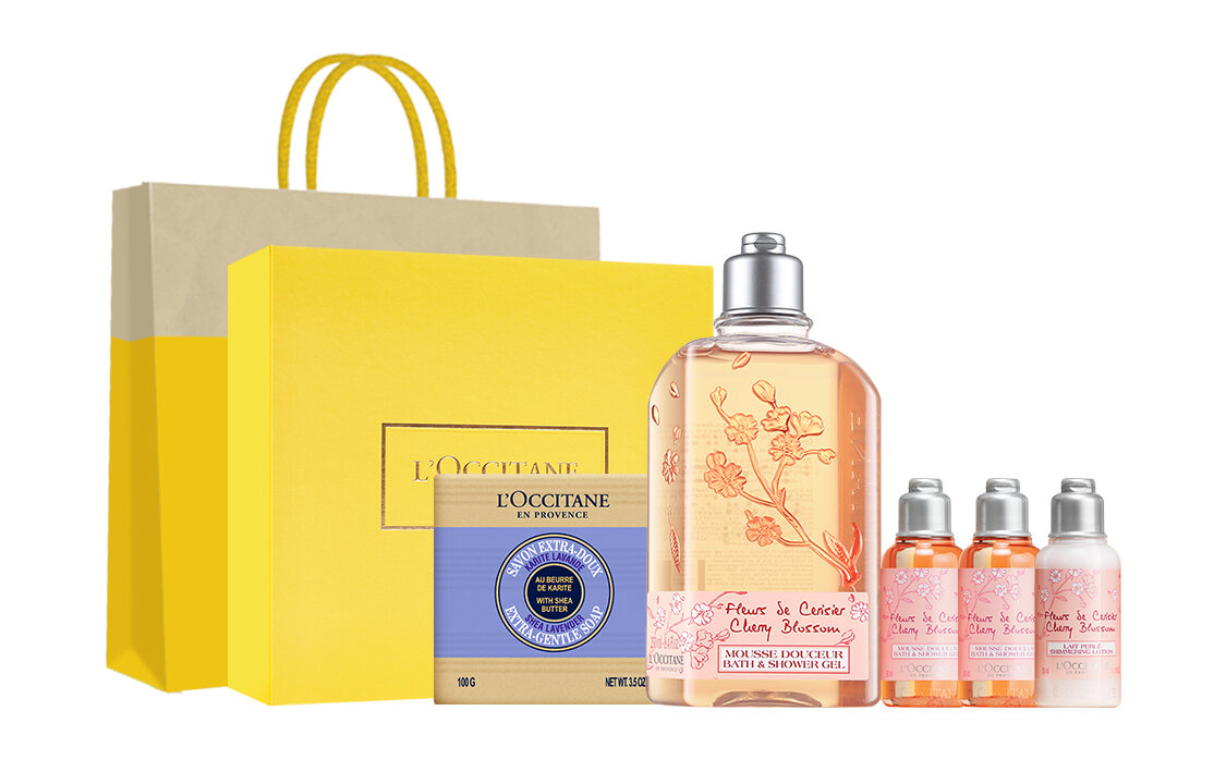Набор для душа унисекс LOCCITANE Цветы вишни, гель для душа и мыло, 2 шт + 3 пробника, ароматный, артикул 5744905