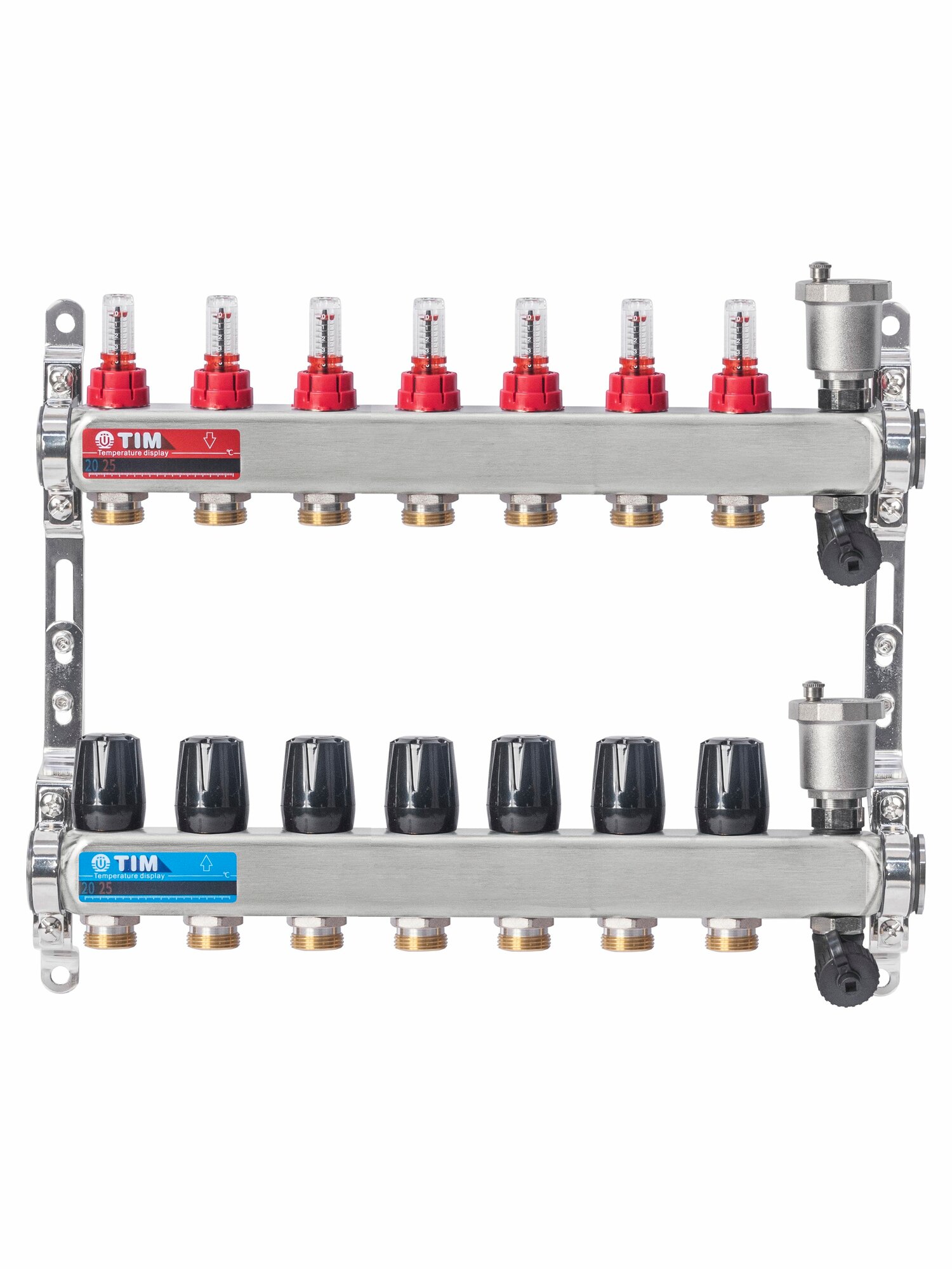 Коллекторная группа 7 контуров с расходомерами 1" * 3/4" E, с дренажными кранами и воздухоотводчиками нерж. сталь, TIM, KCS5007