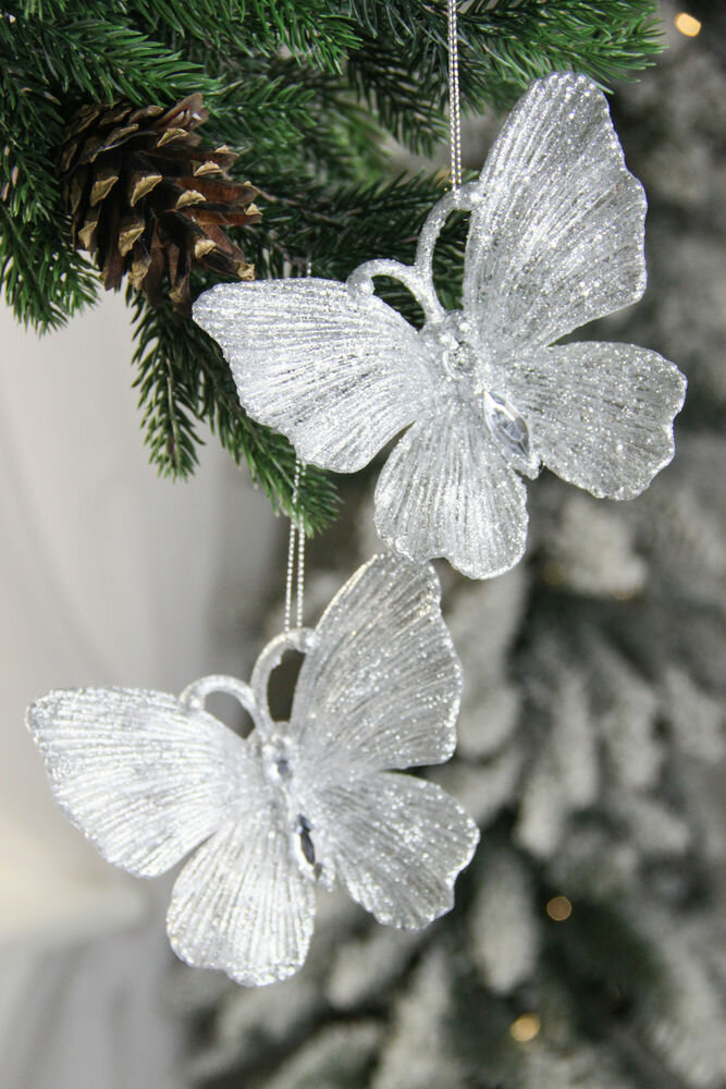 Набор ёлочных украшений-подвесок изящные бабочки, акрил, серебряные, 11 см, 2 шт, Koopman International CAA222010