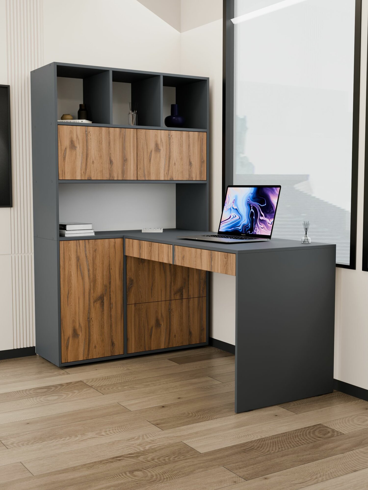 Изумлит Стол-шкаф письменный угловой для учебы и работы, шкаф слева 168х100х147.6 см, графит-дуб крафт табачный