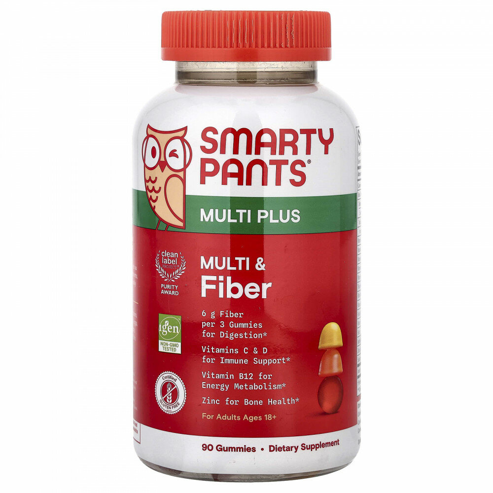 SmartyPants, Multi Plus, мультивитамины и клетчатка, со вкусом клубники, апельсина и лимона, 90 жевательных таблеток