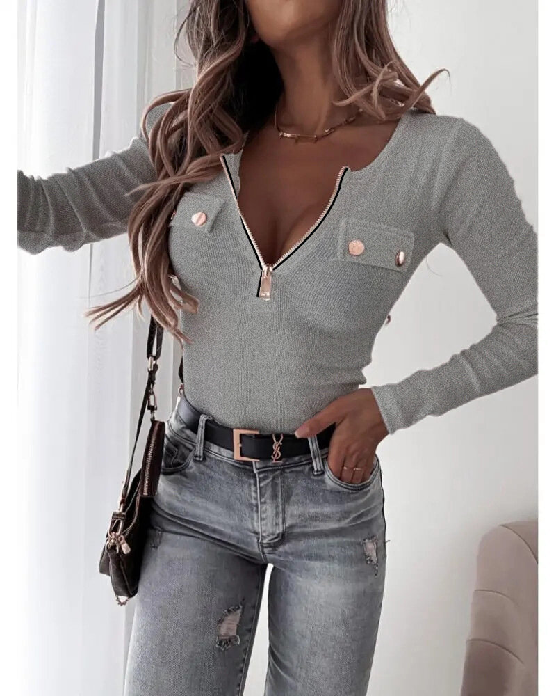 Amazon 2025 Новая женская облегающая кофта с V-образным вырезом, длинными рукавами и металлической молнией.