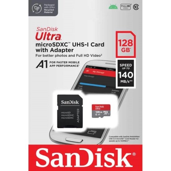 Карта памяти Sandisk microSDXC 128Gb Ultra Class 10 UHS-I U1 A1 140 MB/s + ADP