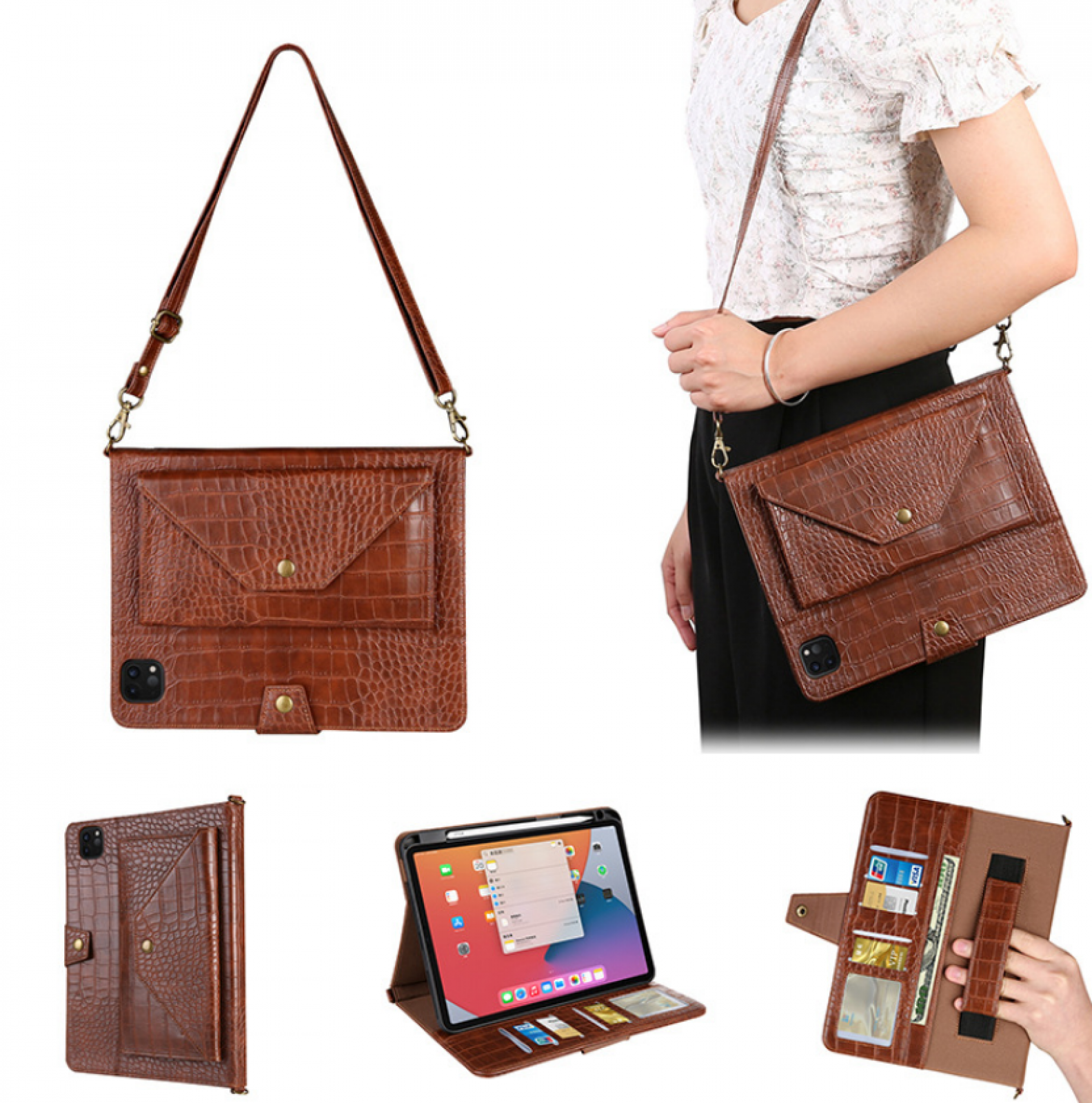 Чехол-папка MyPads из лаковой рельефной кожи под крокодила коричневый для iPad Air 1