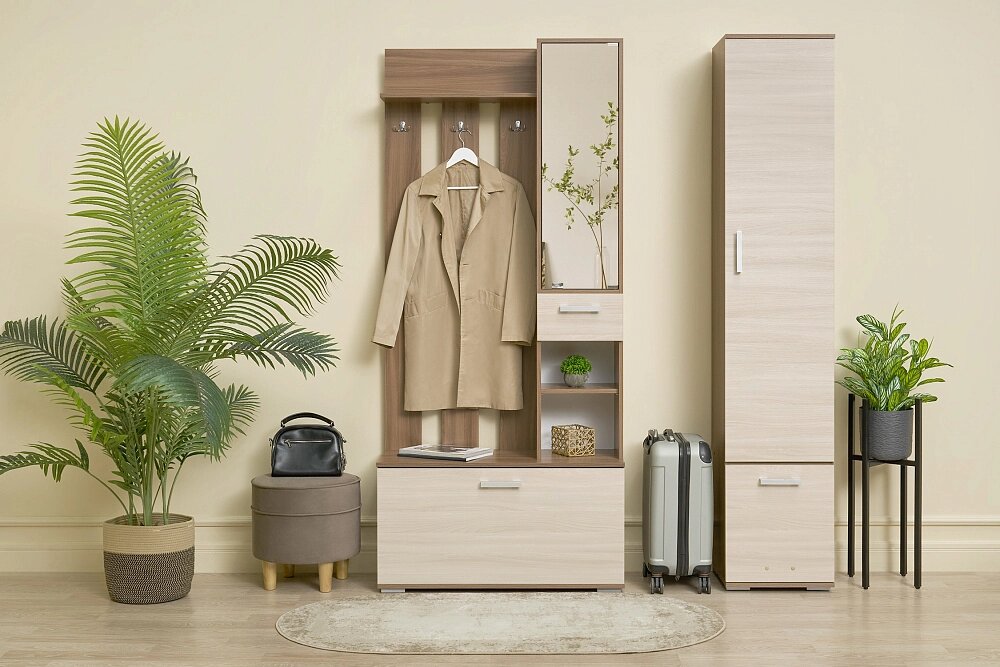 Прихожая вешалка для одежды, зеркало 2 шкафчика 1 ящик 3 крючка, Ника, 91х203.2х35.4 см, ЛДСП, Ясень шимо темный/светлый