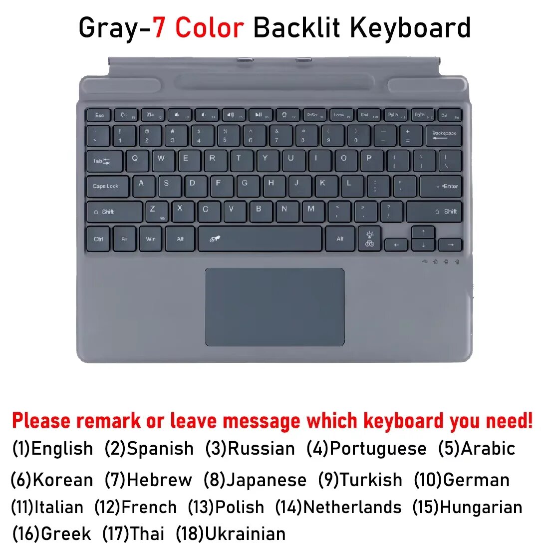 Bluetooth-клавиатура для Microsoft Surface Pro 8/9/10/11/X Russian Keyboard, Backlit-Gray