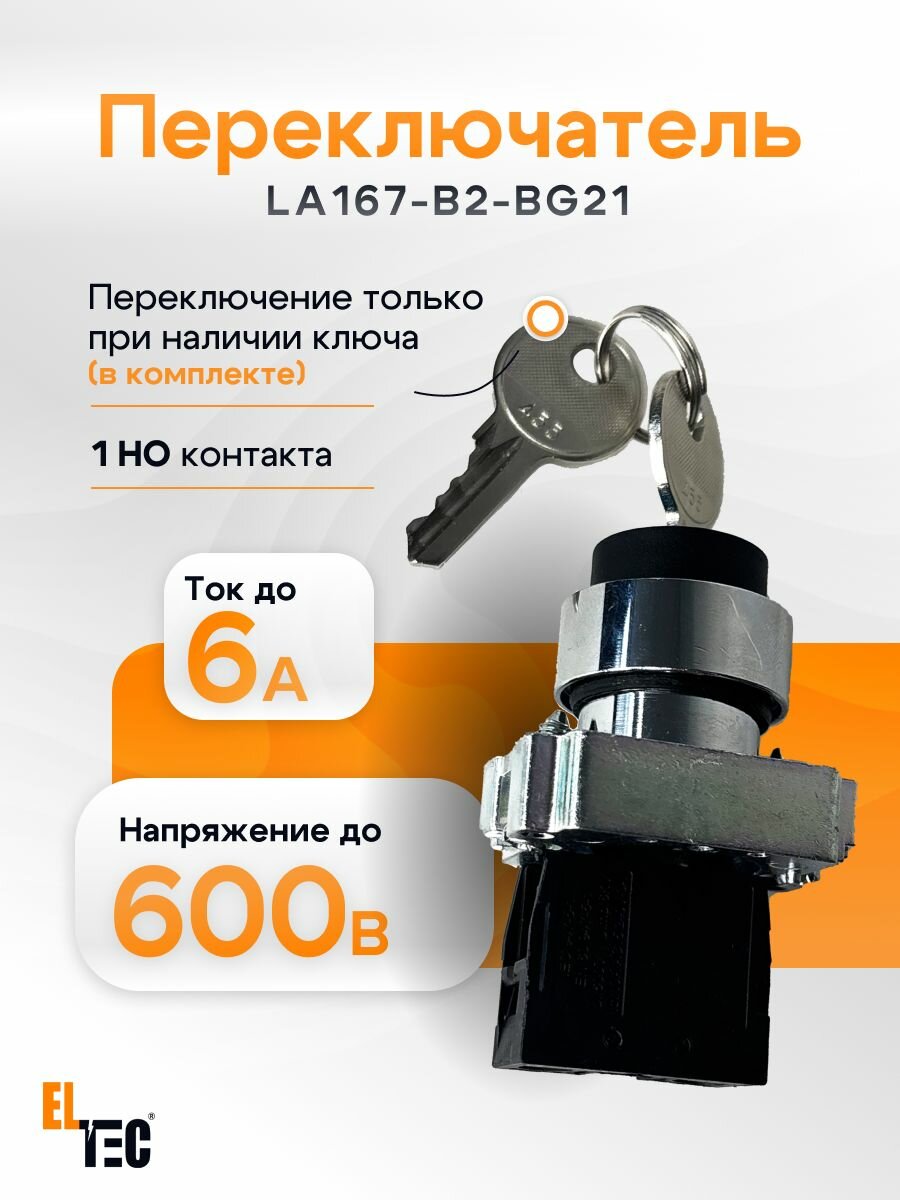 Переключатель на 2 положения, с ключом, с фиксацией ELTEC LA167-B2-BG21 (1NO)