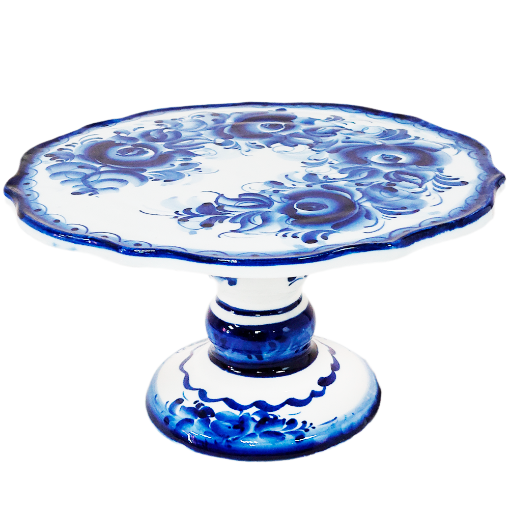 Фарфоровая подставка для торта, тортовница ручной работы "Юбилейная", гжель