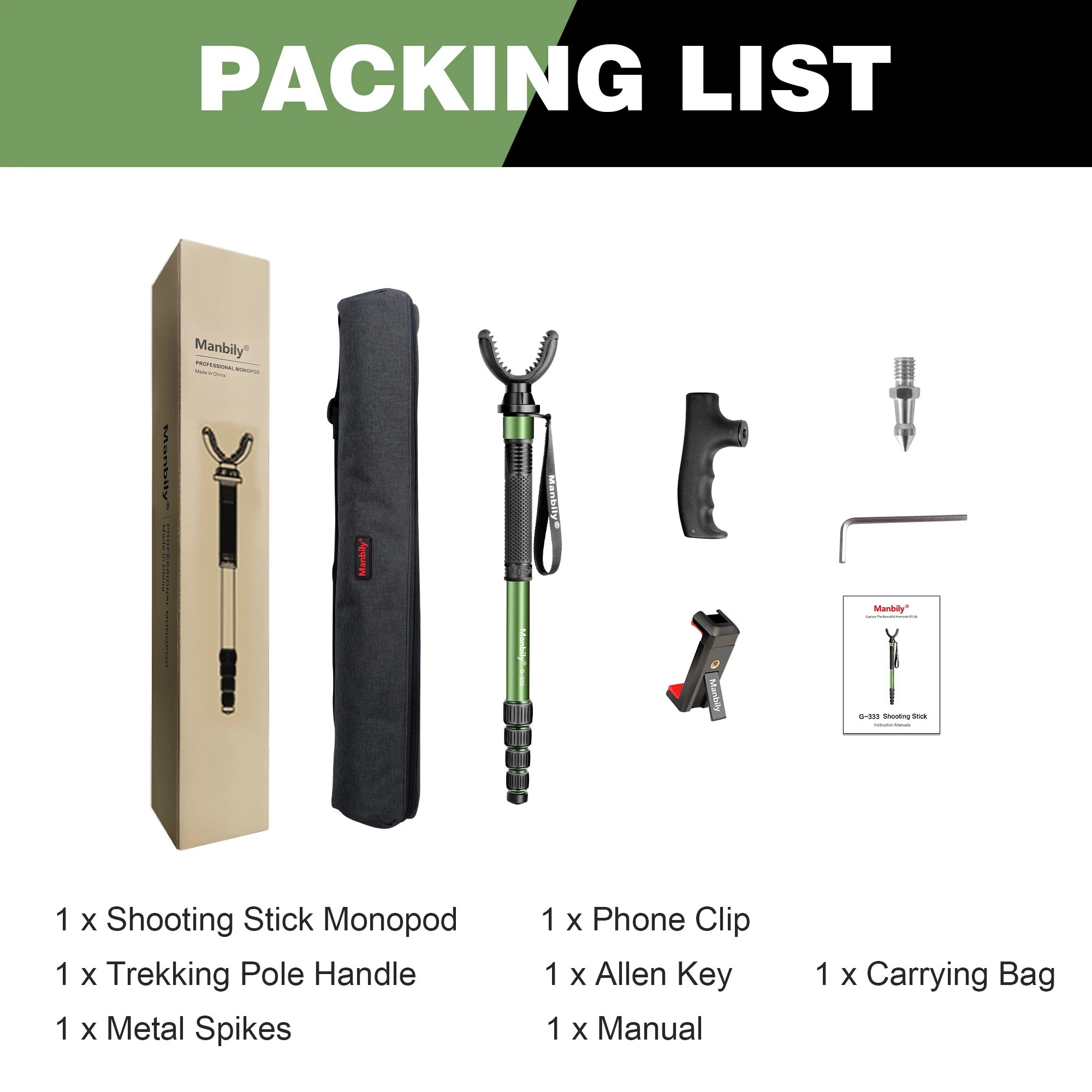 Монопод Manbily G333 для охоты и стрельбы с U-образным держателем для камеры, максимальная длина 70 дюймов, алюминиевый монопод для фотографии.