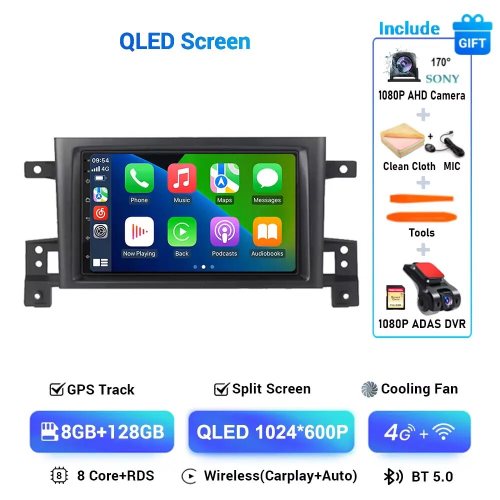 Автомагнитола Android 15, 1024x600 QLED, 8G-128G, Carplay, DVR