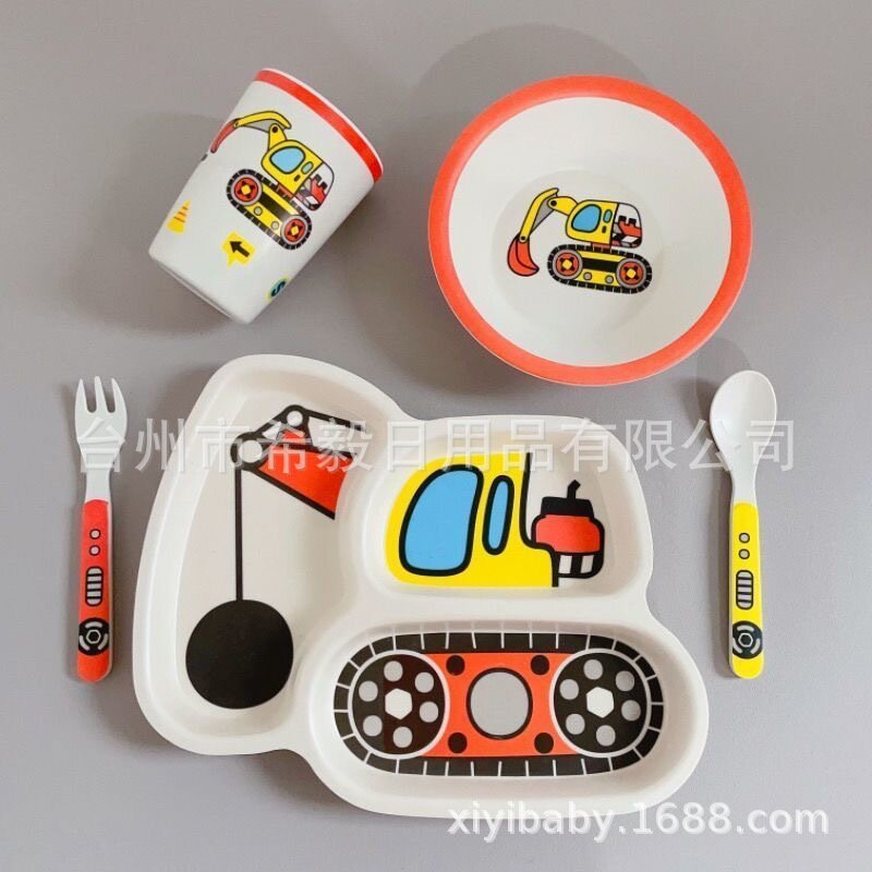 Детская посуда из бамбукового волокна: тарелка с разделителями в виде мультяшной машинки, миска для еды для малышей, подарок для детей, посуда в виде экскаватора.