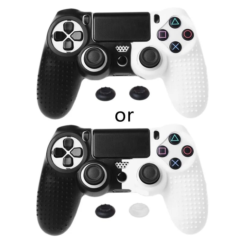 Набор для PS4 с силиконовым чехлом и двумя черными джойстиками - черно-белый