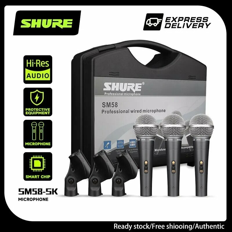 Shure Микрофон для живого вокала SM58 (комплект из трех предметов) легендарный микрофон, пользующийся высокой оценкой. Выбор для множества сцен, таких как выступления на сцене, черный