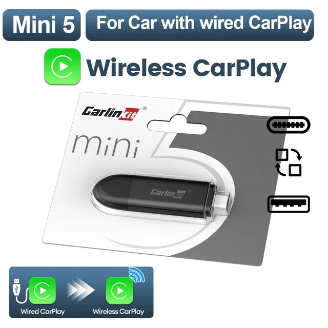 Новый беспроводной адаптер CarlinKit Mini 5 SE CarPlay разработан для iPhone, обеспечивает быстрое и стабильное соединение Wi-Fi 5,8 ГГц и Bluetooth, а также поддерживает режим разделенного экрана для Spotify и Waze.