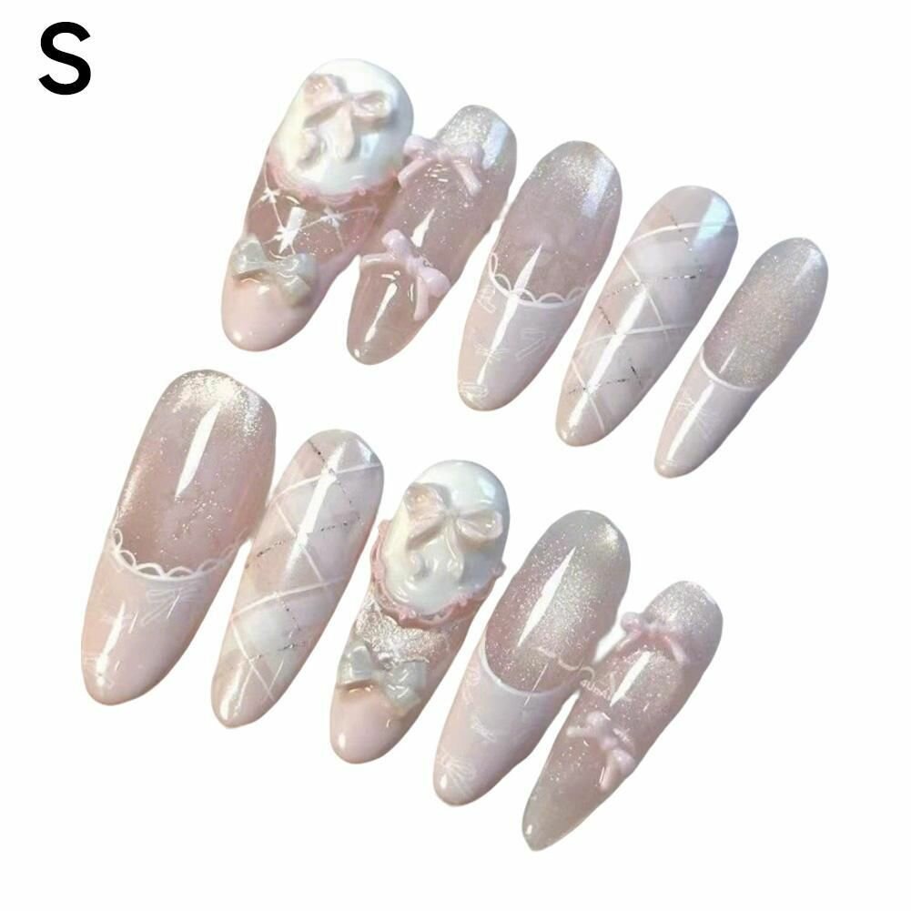 Миндальные типсы для ногтей, французский маникюр с кошачьим глазом, розовые бантики, прозрачная поверхность, 10 шт