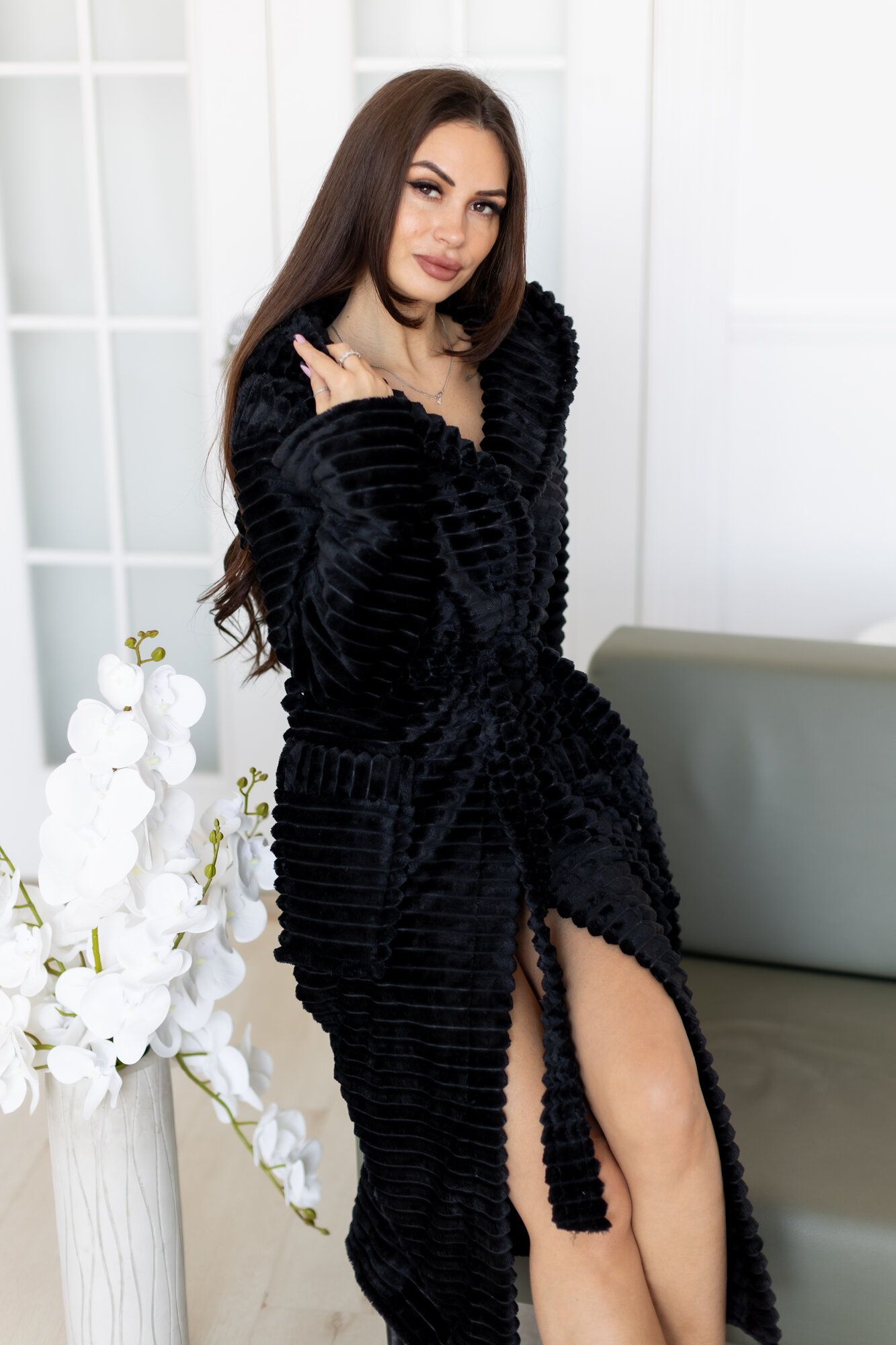 Халат домашний теплый женский с капюшоном на запах