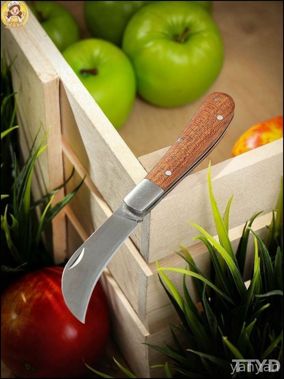 Нож садовый 170мм складной, изогнутое лезвие, деревянная рукоятка GRANDY