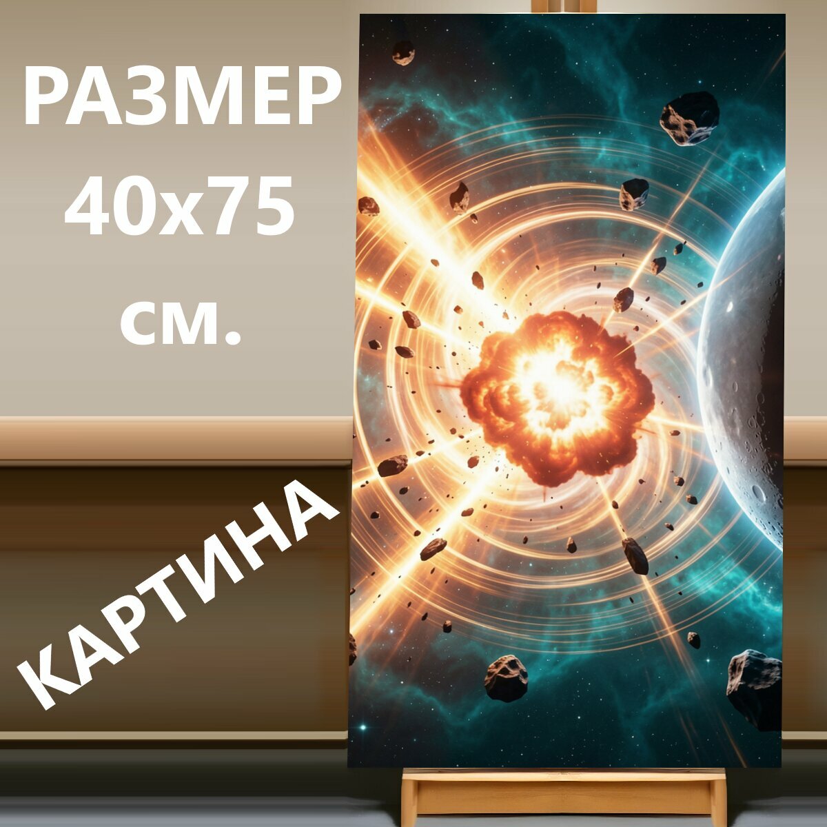 Картина на холсте "Космический взрыв и планета. Эпический космос с яркой вспышкой, разлетающимися астероидами и световыми кольцами у края." на подрамнике 75х40 см. для интерьера