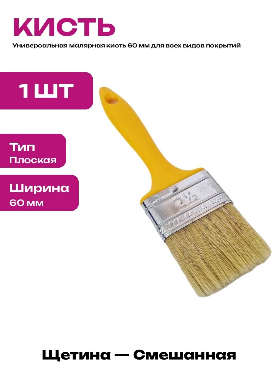 Кисть малярная плоская 60 мм пластиковая ручка универсальная
