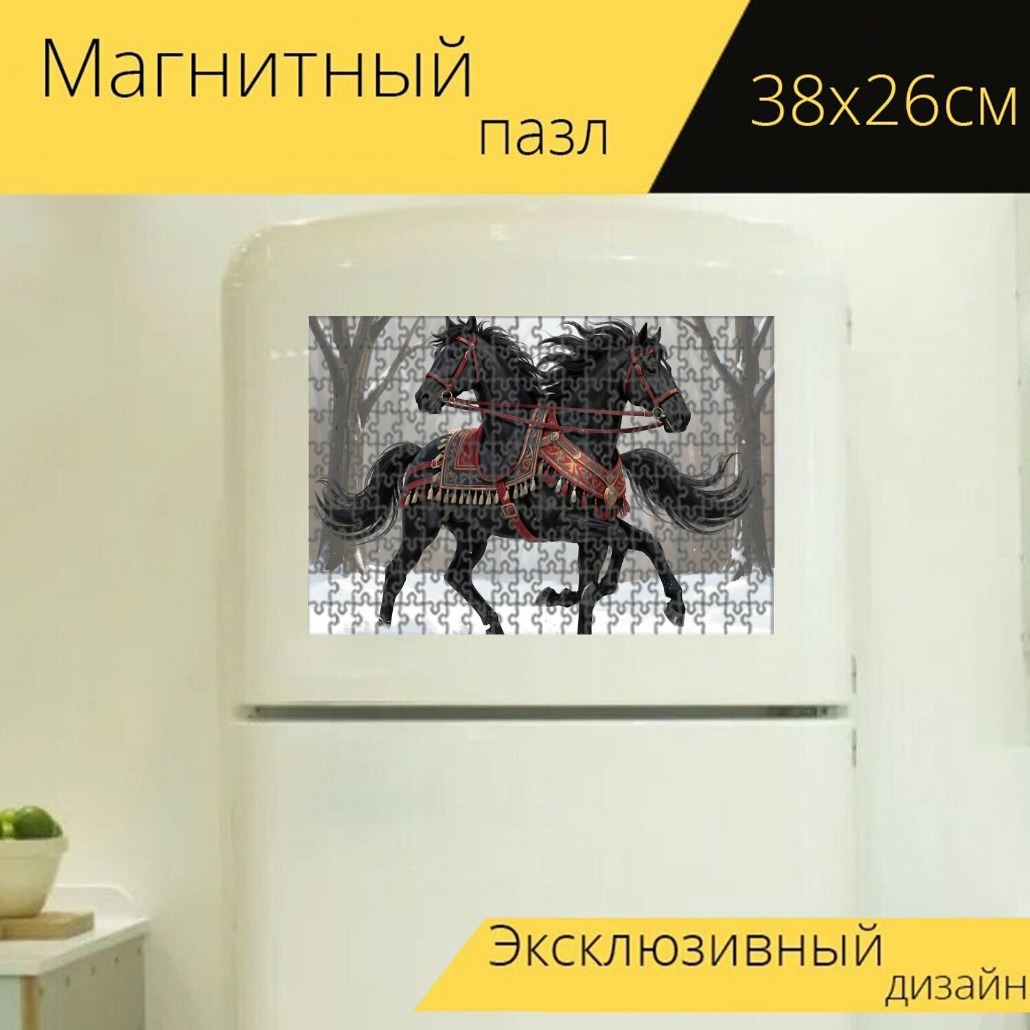 Магнитный пазл "Два черных коня в снегу. Парная упряжка статных вороных с развевающимися гривами мчится по зимнему лесу. Декоративная иллюстрация в холодных." для интерьера, 38х26 см.