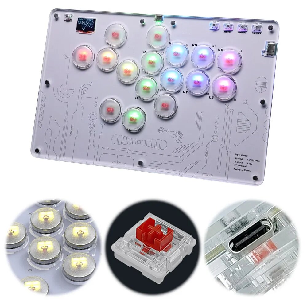 16-клавишная бойцовская клавиатура с красными механическими переключателями для PC, PS3, PS4, PS5, Switch и Steam