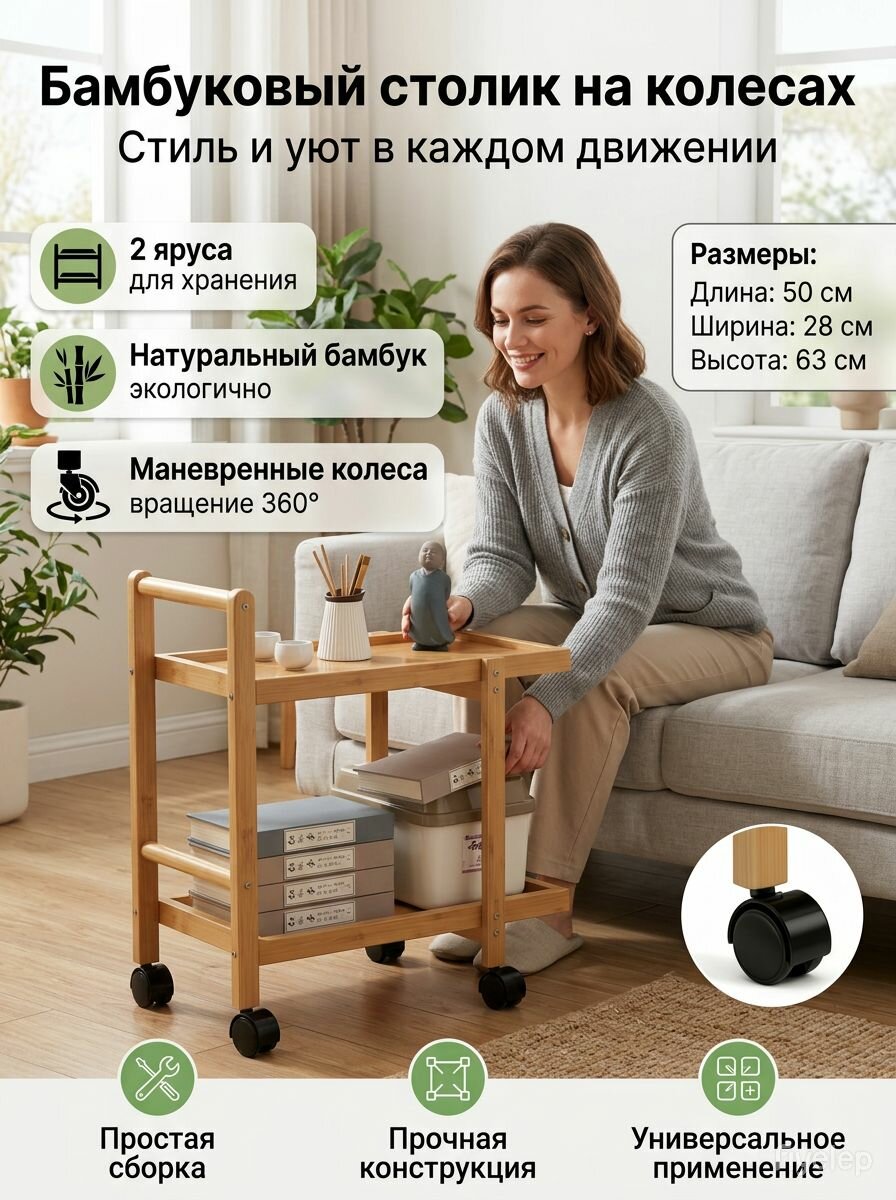 Бамбуковый столик на колесиках — мобильный двухъярусный приставной столик для гостиной прикроватный и сервировочный