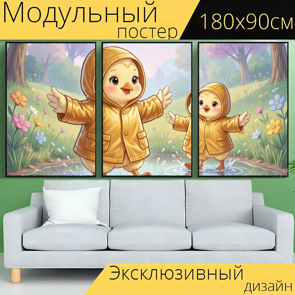 Модульный постер "Два цыпленка в дождевиках. Милые птенцы в блестящих желтых плащах гуляют по лесной тропинке и шагают по лужам." 180 x 90 см. для интерьера на стену в тубусе