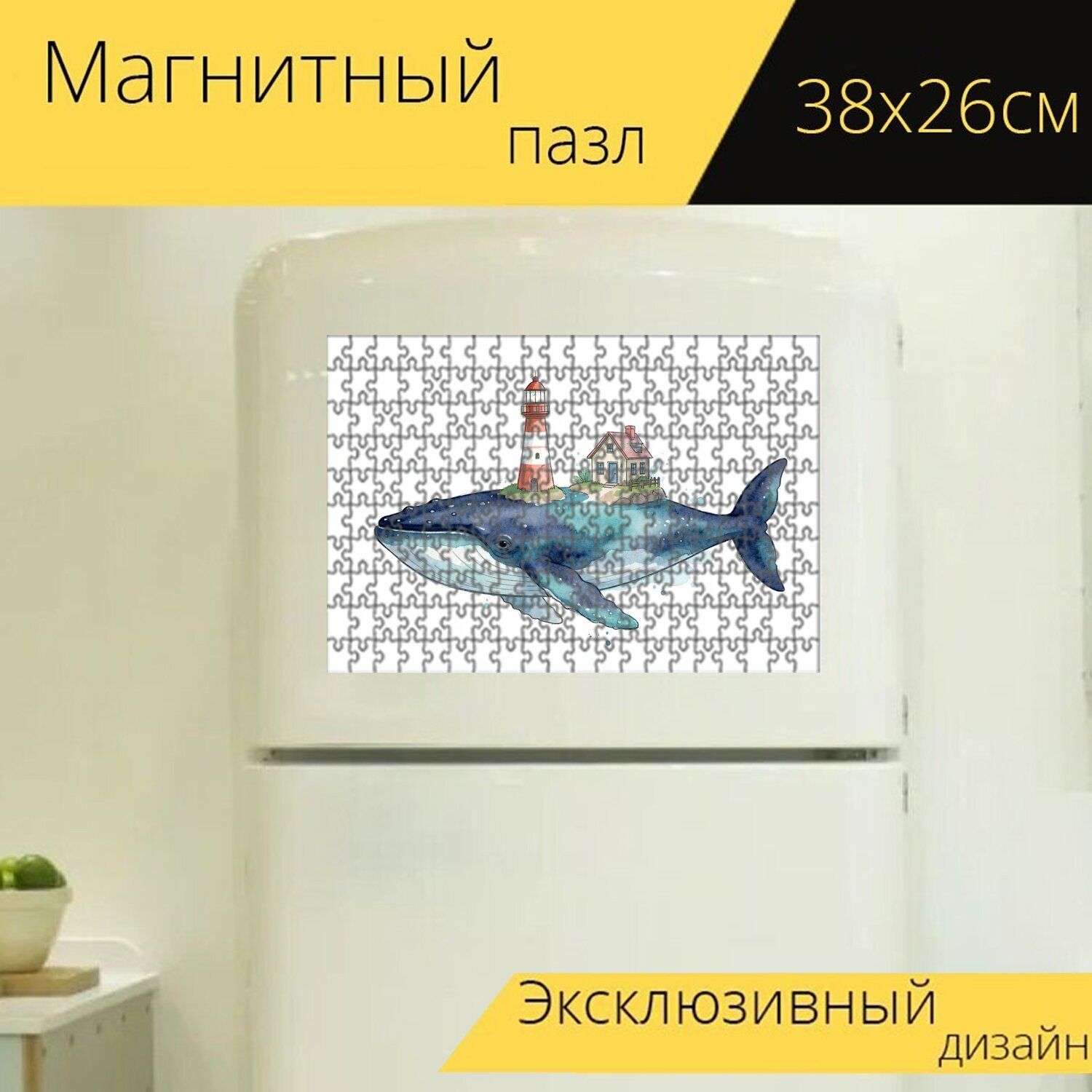 Магнитный пазл "Кит с маяком и домиком. Акварельная морская композиция с огромным синим китом, на спине которого стоят маяк и маленький прибрежный дом." для интерьера, 38х26 см.