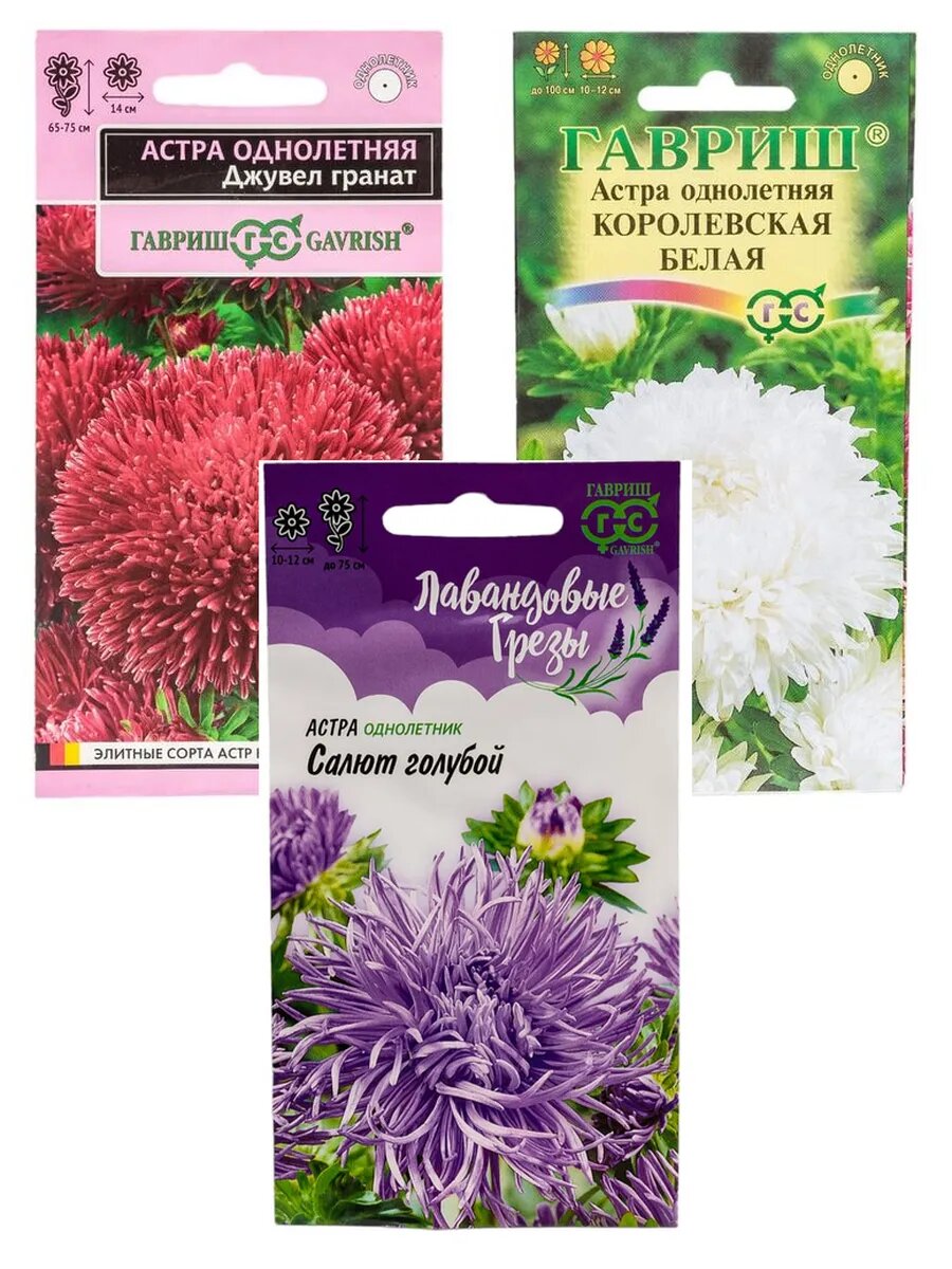 Набор семян Астра Джувел Гранат, Королевская Белая и Салют голубой