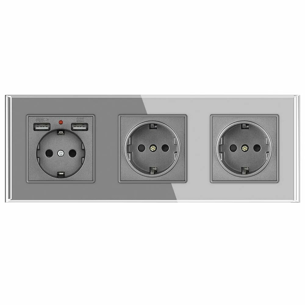 Розетка тройная 3 поста с 2 USB-портами, 16А 250В, со шторками, рамка закаленное стекло, цвет серый,1шт.