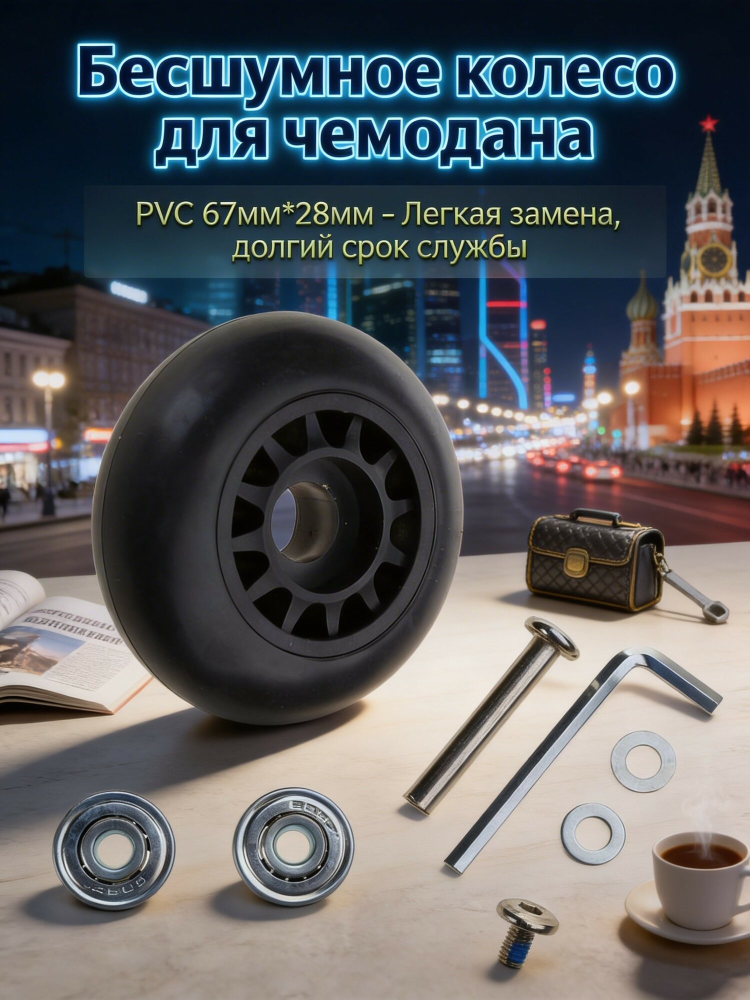 Бесшумное сменное колесо для чемодана, ПВХ 67х28 мм — вращающееся и легко устанавливается