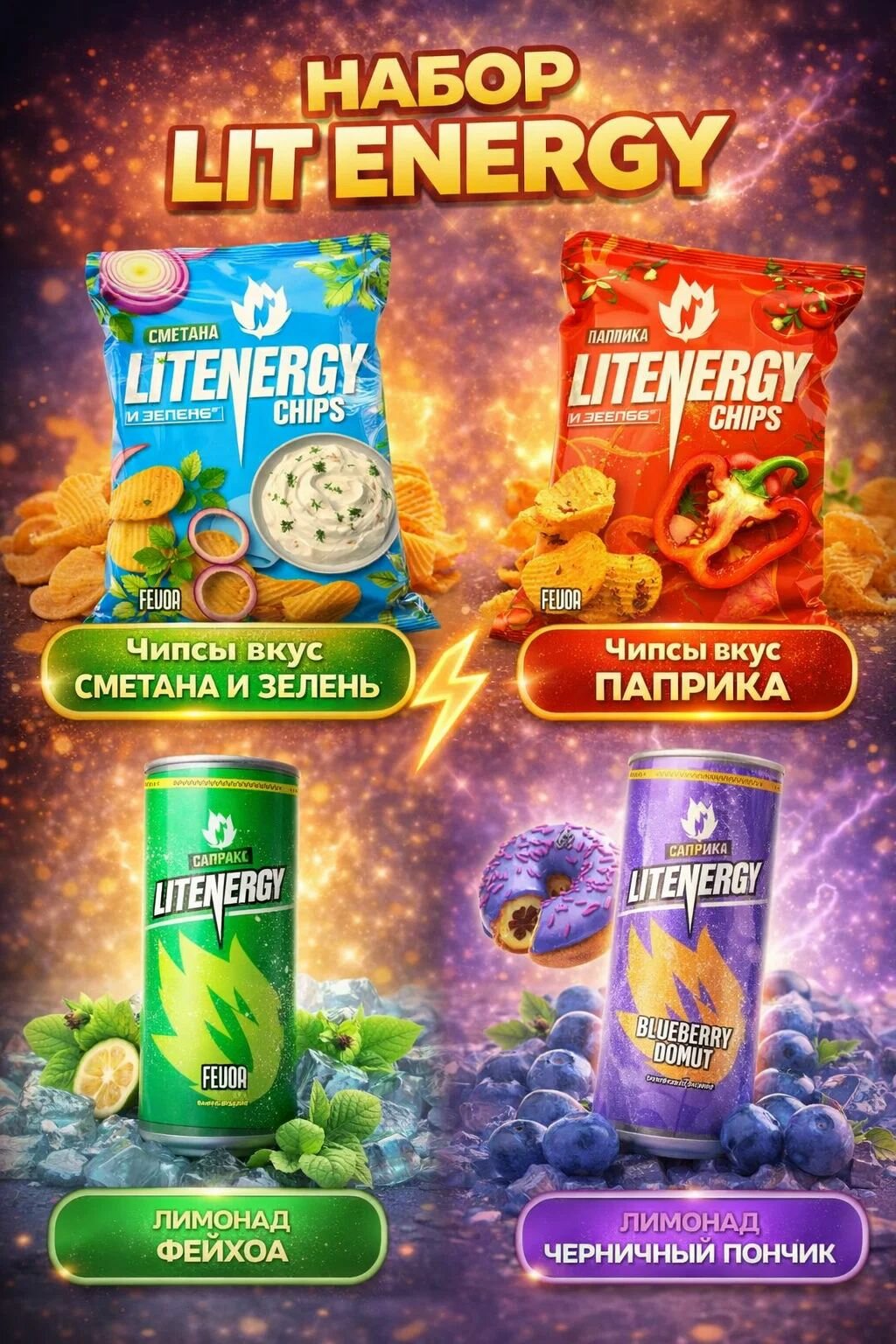 Набор LIT ENERGY: картофельные чипсы Сметана и зелень + Паприка 2 120 г и напитки LIT Feijoa + Blueberry Donut