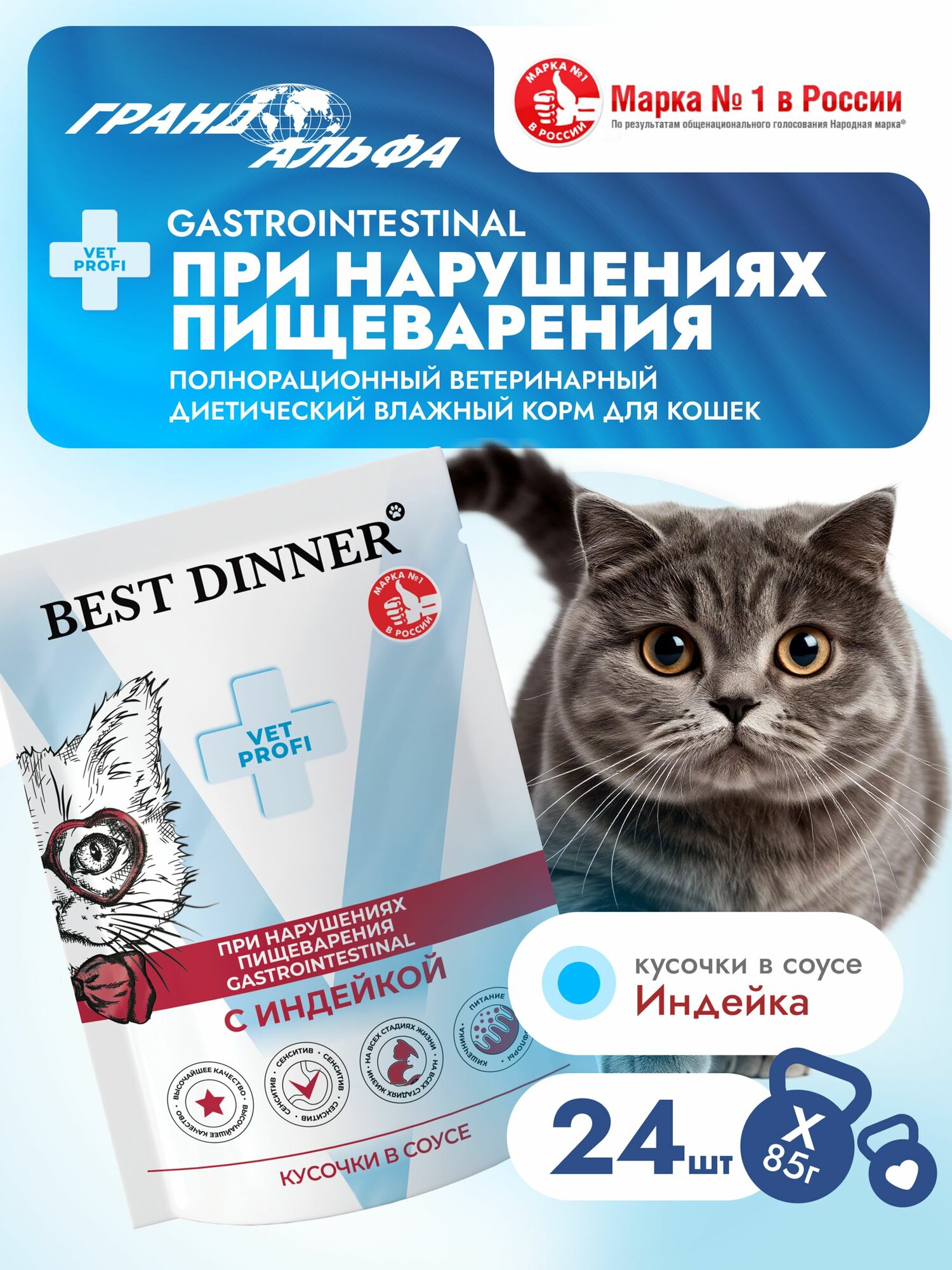 Влажный диетический корм Best Dinner VET PROFI Gastrointestinal для кошек при заболеваниях ЖКТ кусочки в соусе Индейка, 85 г х 24 шт, пауч (Бест Диннер)