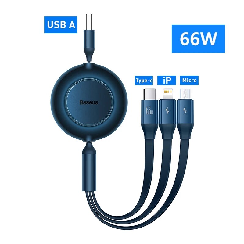 Baseus 3-в-1 кабель USB Type-C, iPhone, Micro, 66W Blue