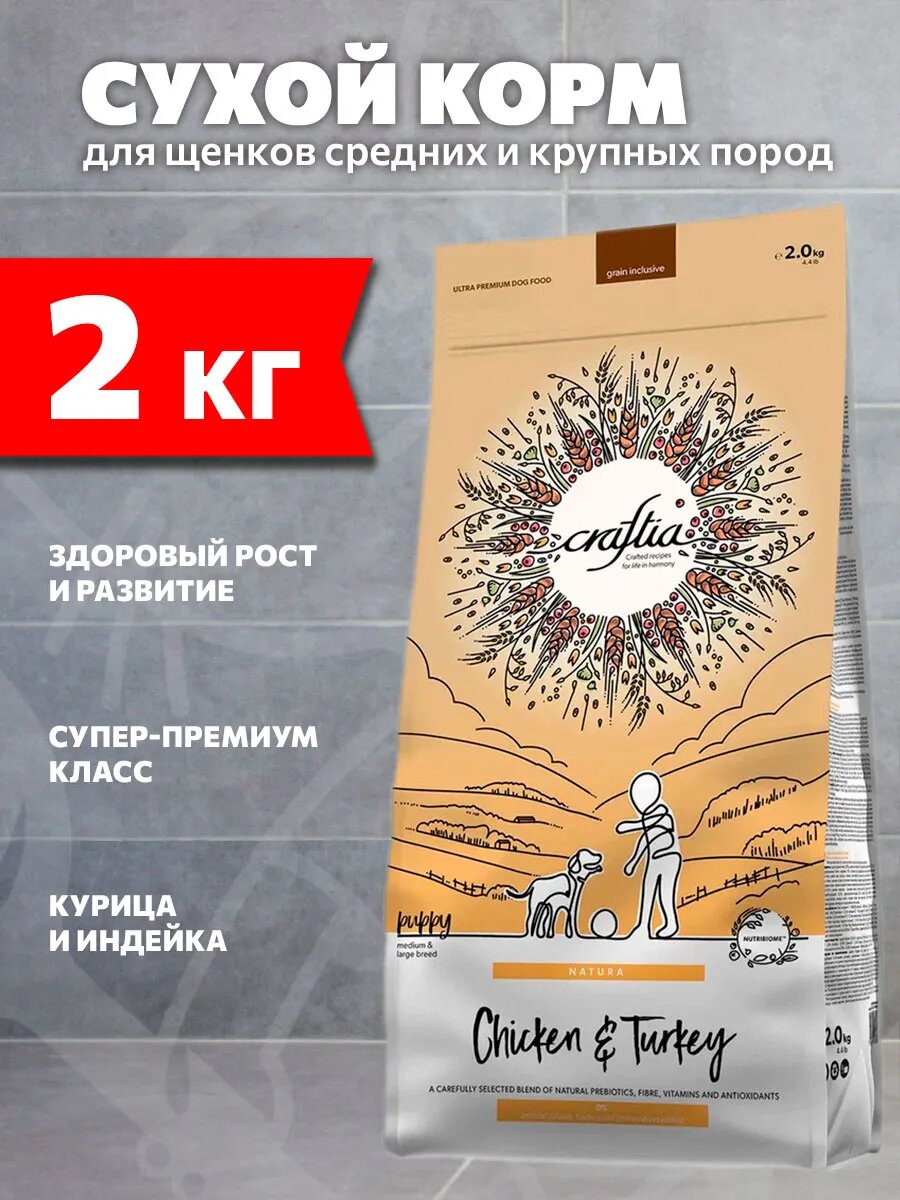 Корм сухой Craftia Natura Puppy Medium&Large Chicken&Turkey для щенков средних и крупных, курица и индейка, 2 кг