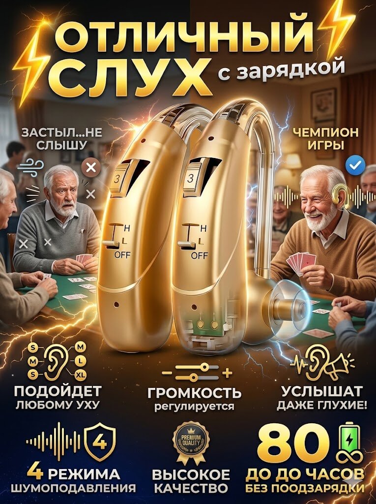 Накладной слуховой прибор с зарядным устройством для пожилых и взрослых