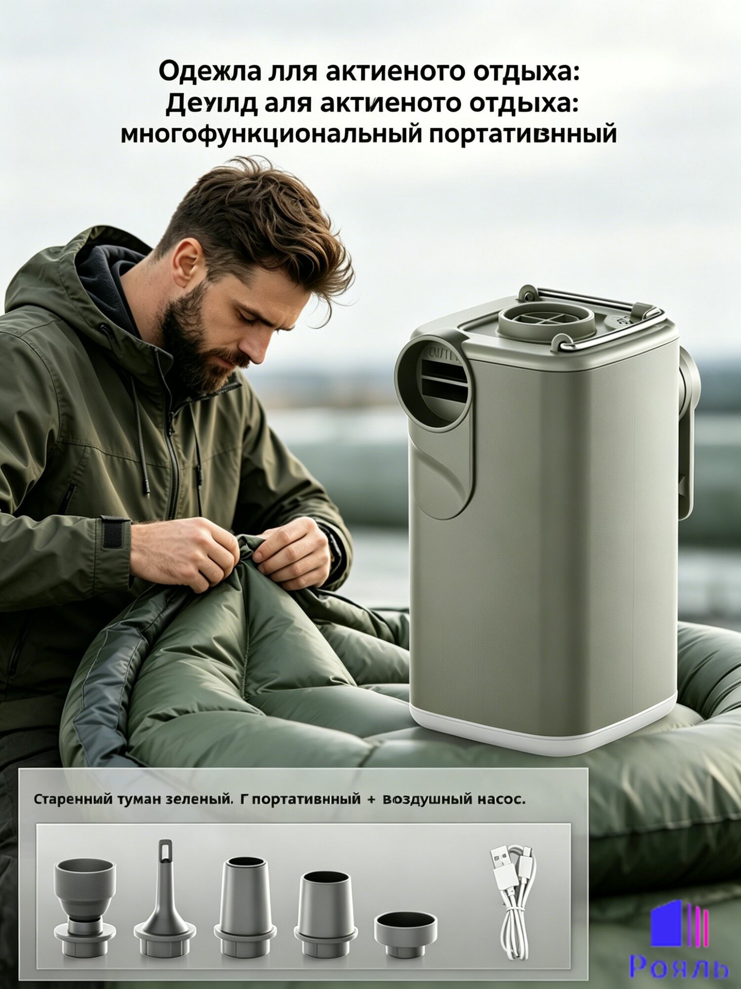 Насос для кемпинга 3-в-1, беспроводной, надув/сдув/аварийное освещение, 2 насадки, 280л/мин