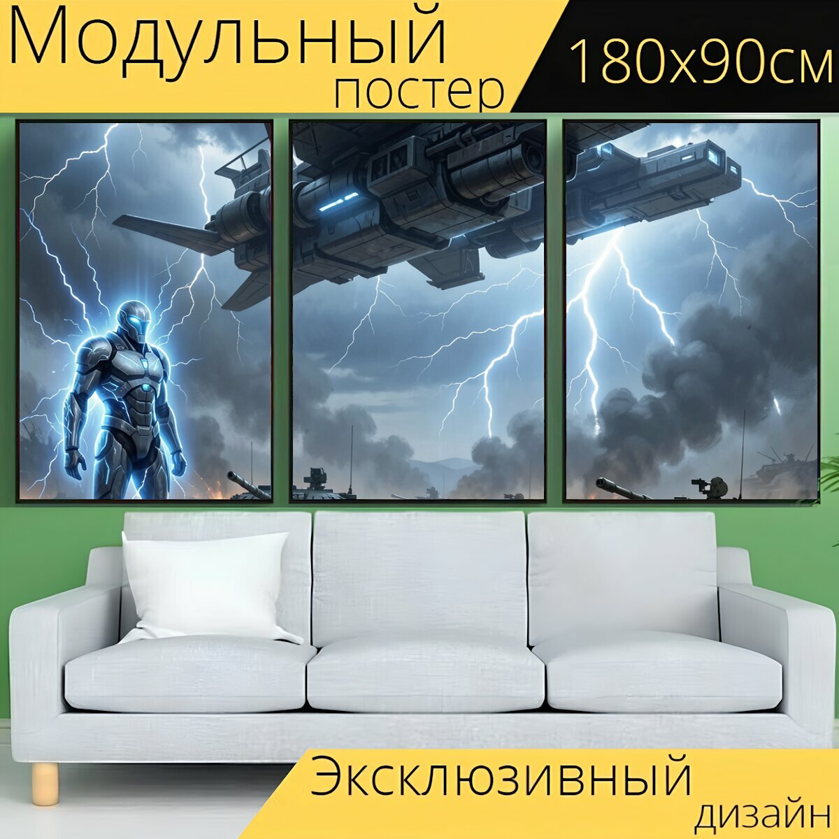 Модульный постер "Футуристический бой в грозу. Sci-fi сражение в мрачной атмосфере: бронированный космический корабль в небе, молнии." 180 x 90 см. для интерьера на стену в тубусе