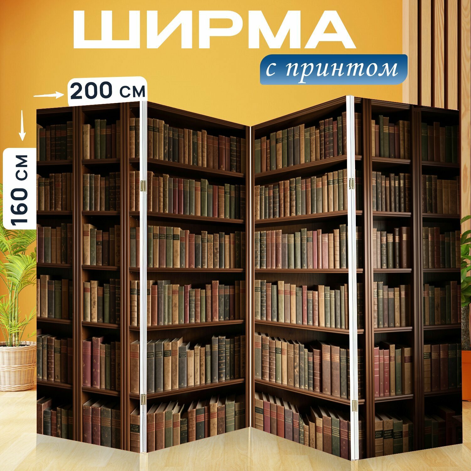 Ширма "Антикварная библиотека с книгами. Ряды старинных книжных томов на деревянных стеллажах, классический." перегородка для зонирования комнаты с принтом 200x160 см. на холсте