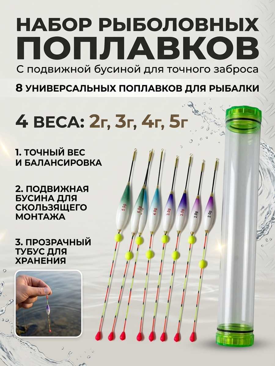 Набор поплавков для летней рыбалки в тубусе вес 2,3,4,5 грамм, в наборе по 2шт каждого, поплавок с подвижной бусиной