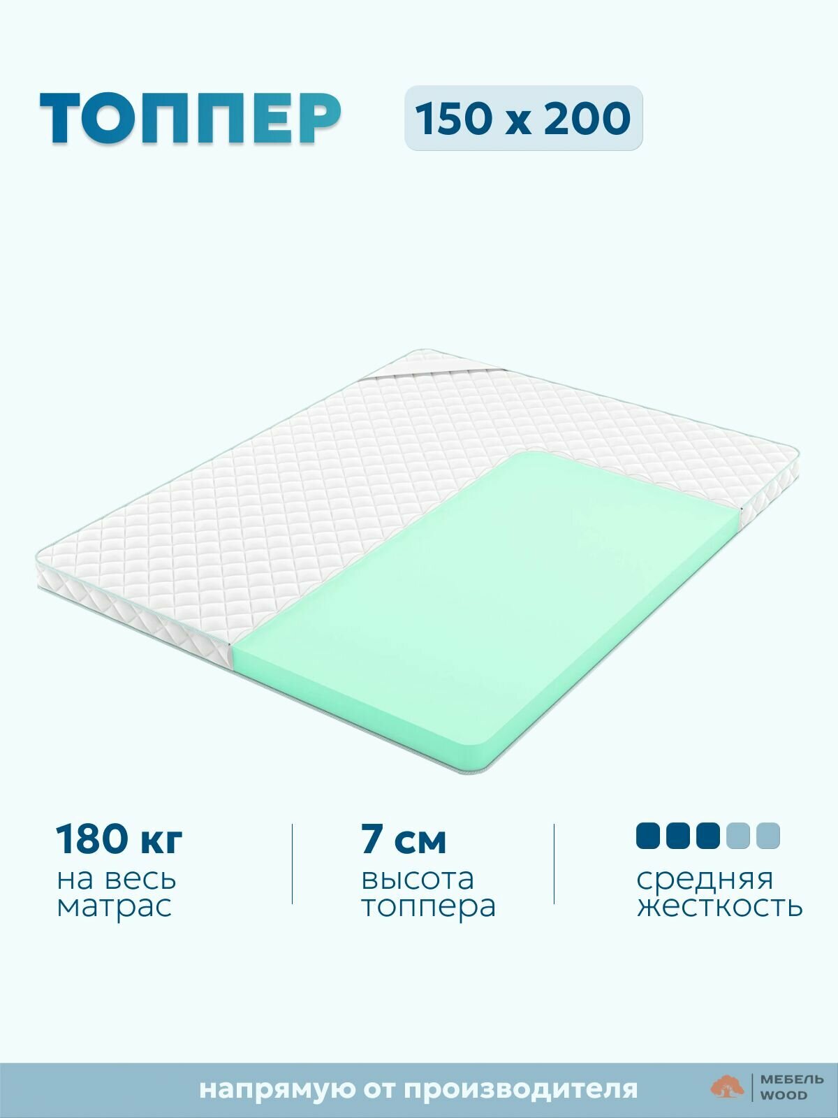 Топпер, матрас беспружинный, средняя жесткость, 150х200 см, 7 см высота
