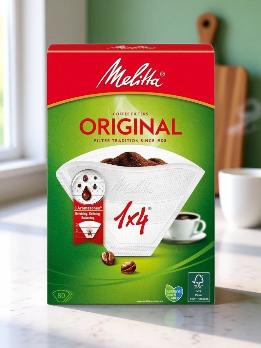 Фильтры бумажные белые Melitta 1x4, 80 шт. для капельных кофеварок, отбелённая бумага, двойной шов